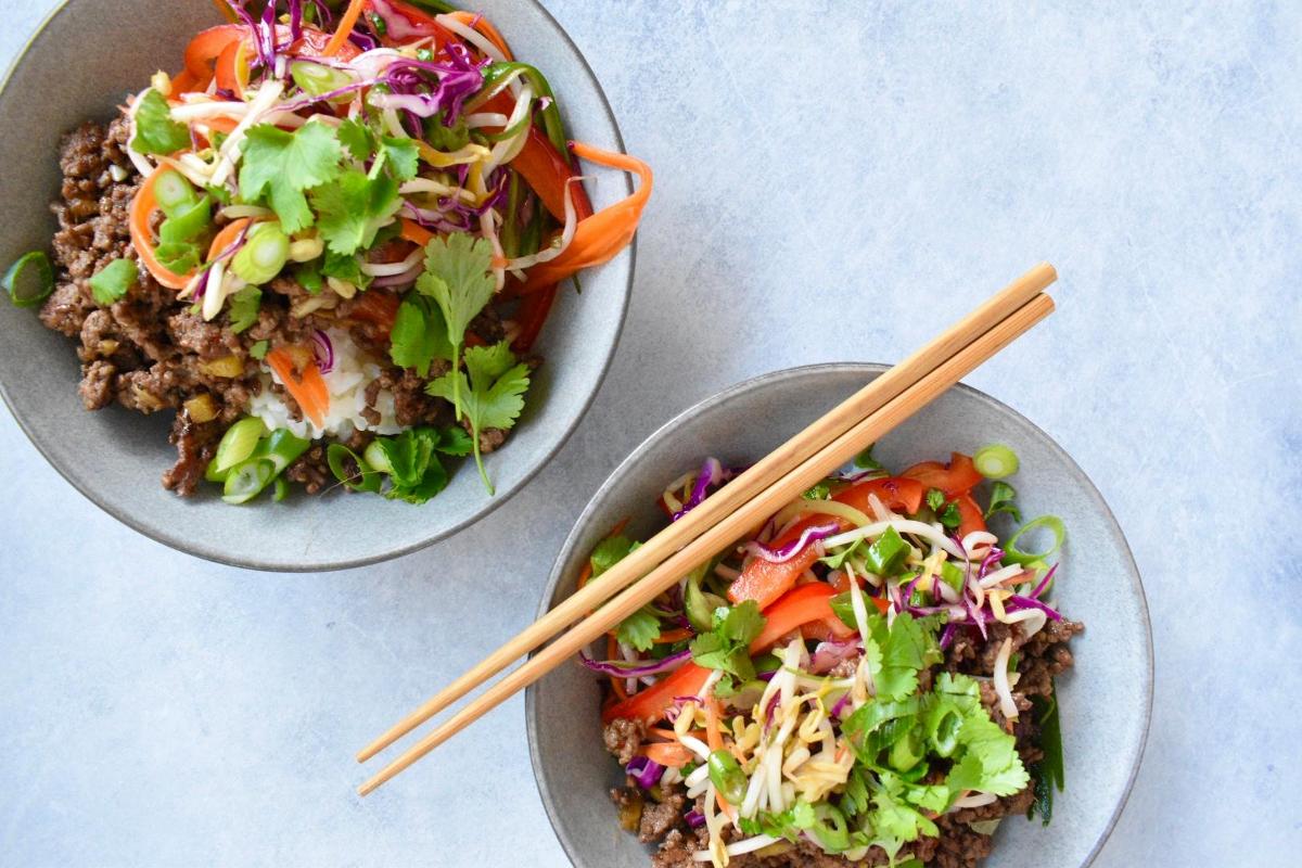 Sarah Poundʼs Thai Beef Bowls with Zingy Salad and Coconut Rice Recipe ...